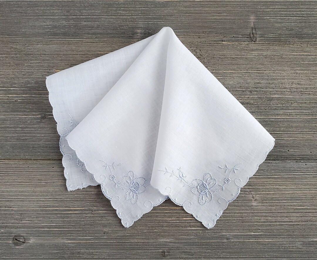 Pale Blue Embroidery, White Vintage Handkerchief, Wedding Hankie, Bride ...