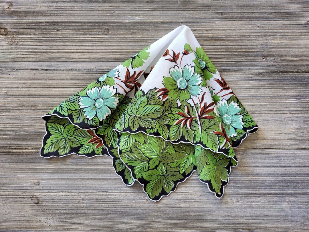 Green Leaves & Garden Flowers Vintage Handkerchief Ladies - Etsy