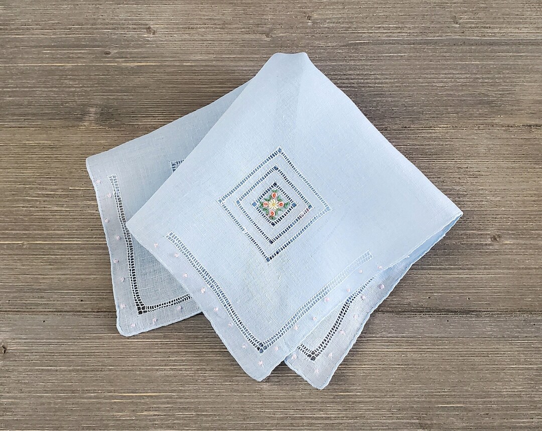 Light Blue Embroidered Hankie, Ladies Vintage Handkerchief, Petit Point ...