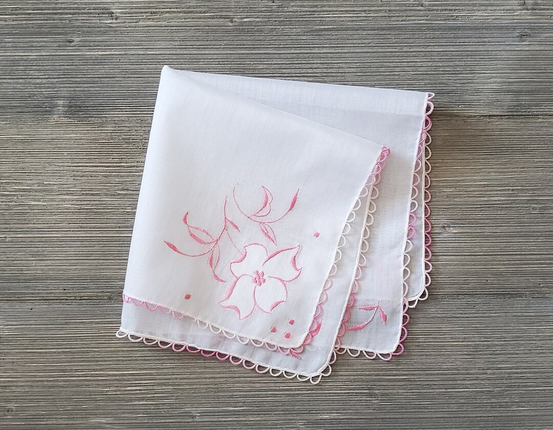 Pink Appliqué Flower Hankie, Vintage Pink Wedding Handkerchief ...