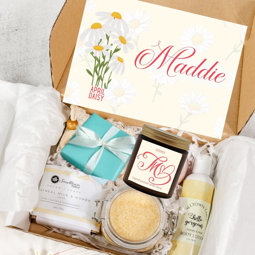 Personalized April Birth Flower Spa Gift Box, Custom Candle - Etsy