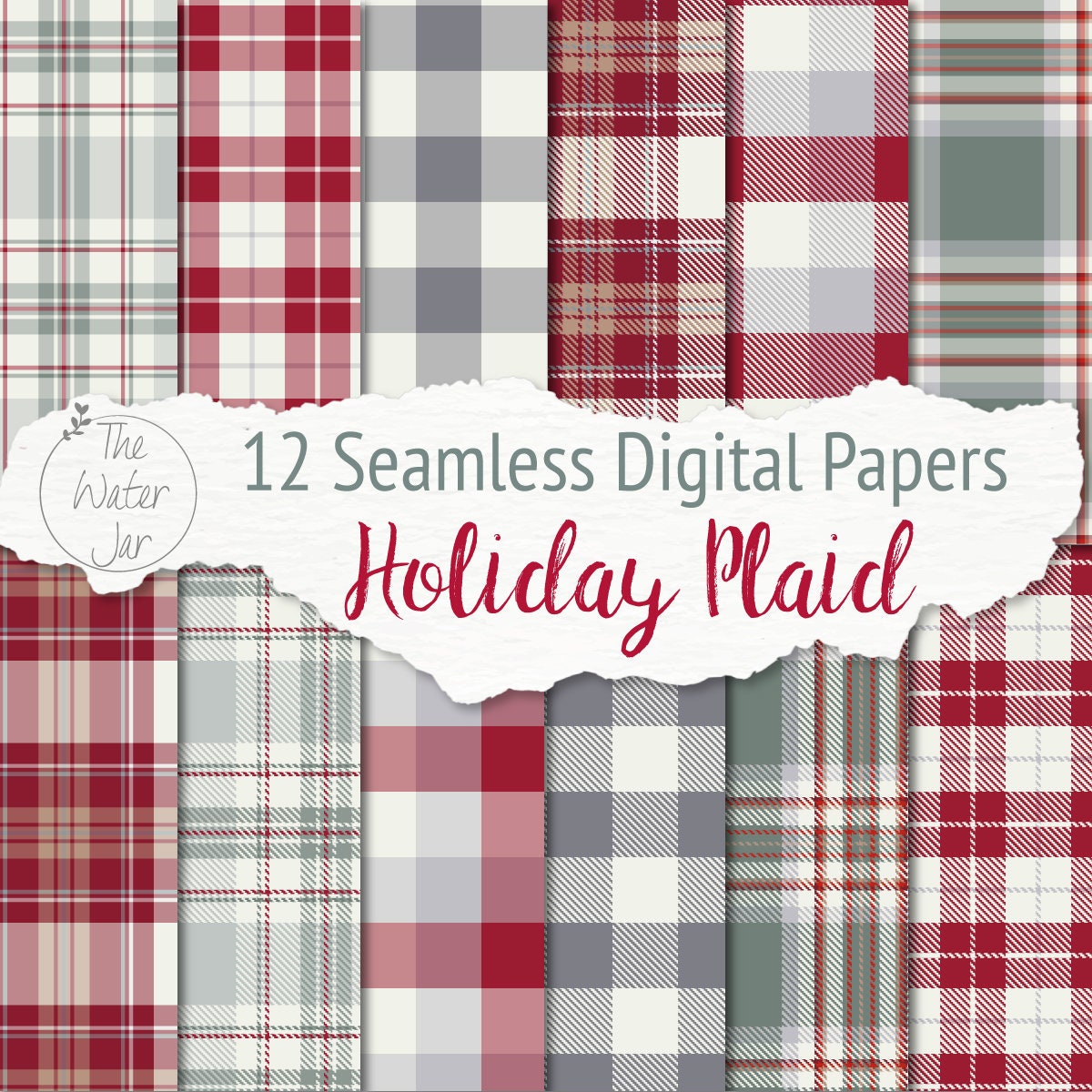 Holiday Plaid Digital Paper in Red, Green, White and Grey, Printable ...
