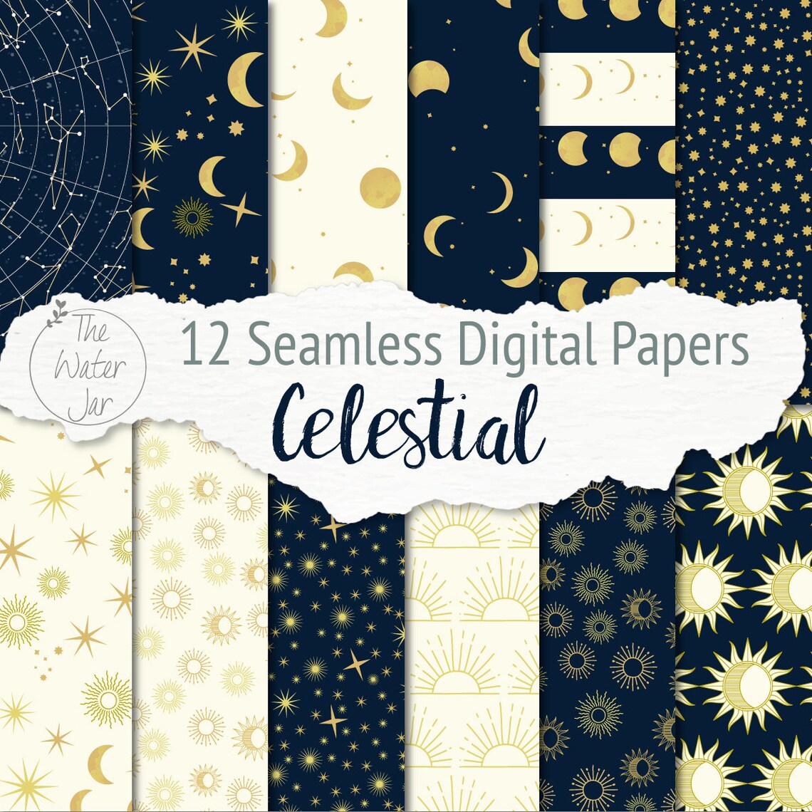 Printable Celestial Paper Pack, Sun Moon and Stars in Navy, Gold ...