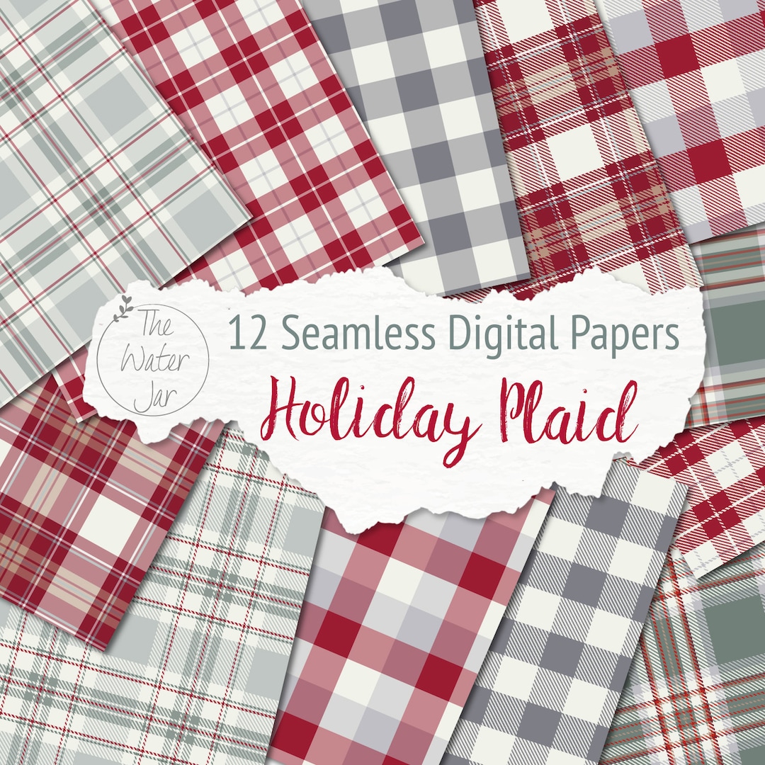 Holiday Plaid Digital Paper in Red, Green, White and Grey, Printable ...