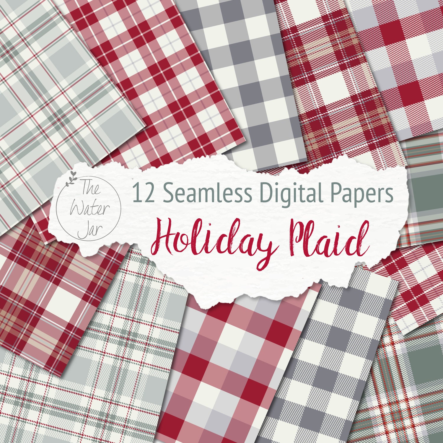 Holiday Plaid Digital Paper in Red, Green, White and Grey, Printable ...