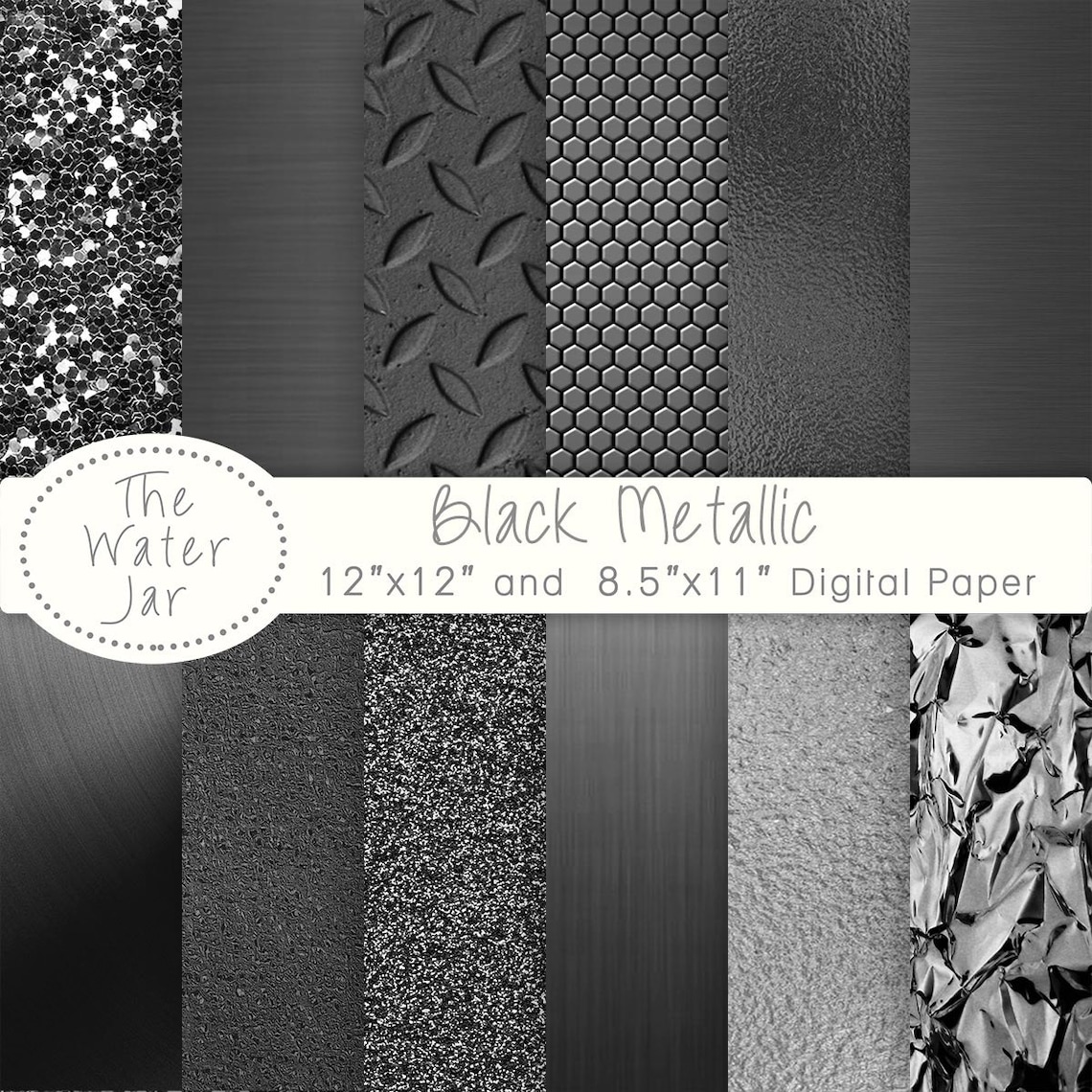 Black Metallic Digital Paper Pack With Black Metallic Glitter, Black ...