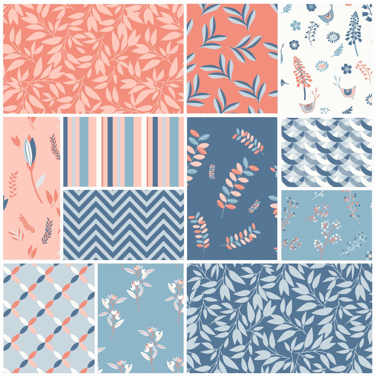 A Blue and Coral Digital Paper Pack, Pattern Designs in Contemporary ...