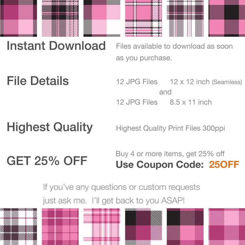 Plaid Digital Paper in Pink, Black and White, Digital Paper Pink Plaid ...