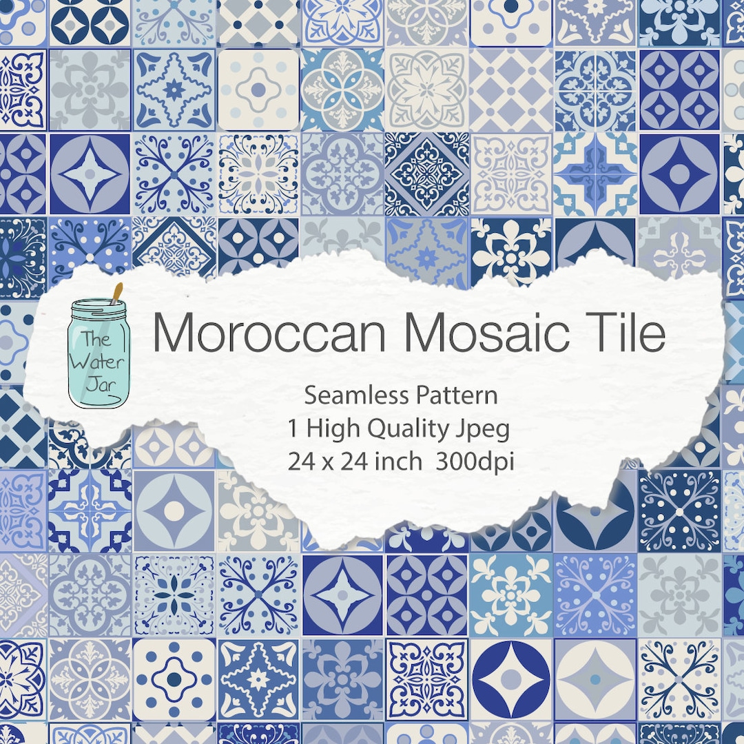 Blue Moroccan Tile Mosaic File, Printable Digital Paper With Blue and ...