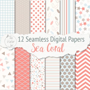 Printable Paper, Digital Paper Pack in Coral and Blue, Seamless Designs ...