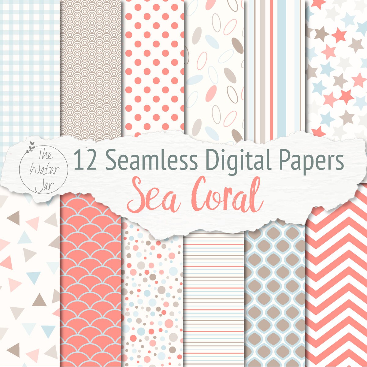 Printable Paper Digital Paper Pack in Coral and Blue | Etsy