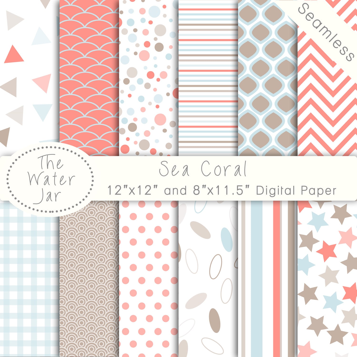 Printable Paper Digital Paper Pack in Coral and Blue - Etsy