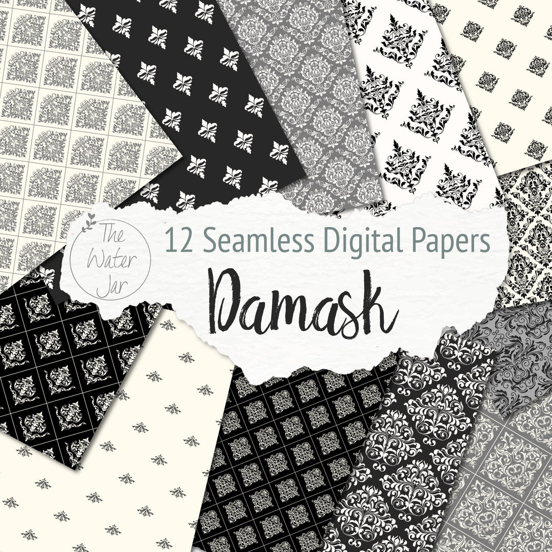 Damask Digital Paper Pack, Damask Patterns in Black, White, Grey and ...
