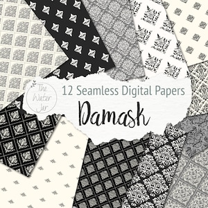 Damask Digital Paper Pack, Damask Patterns in Black, White, Grey and ...