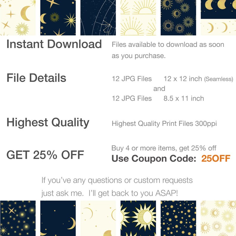 Printable Celestial Paper Pack, Sun Moon and Stars in Navy, Gold ...