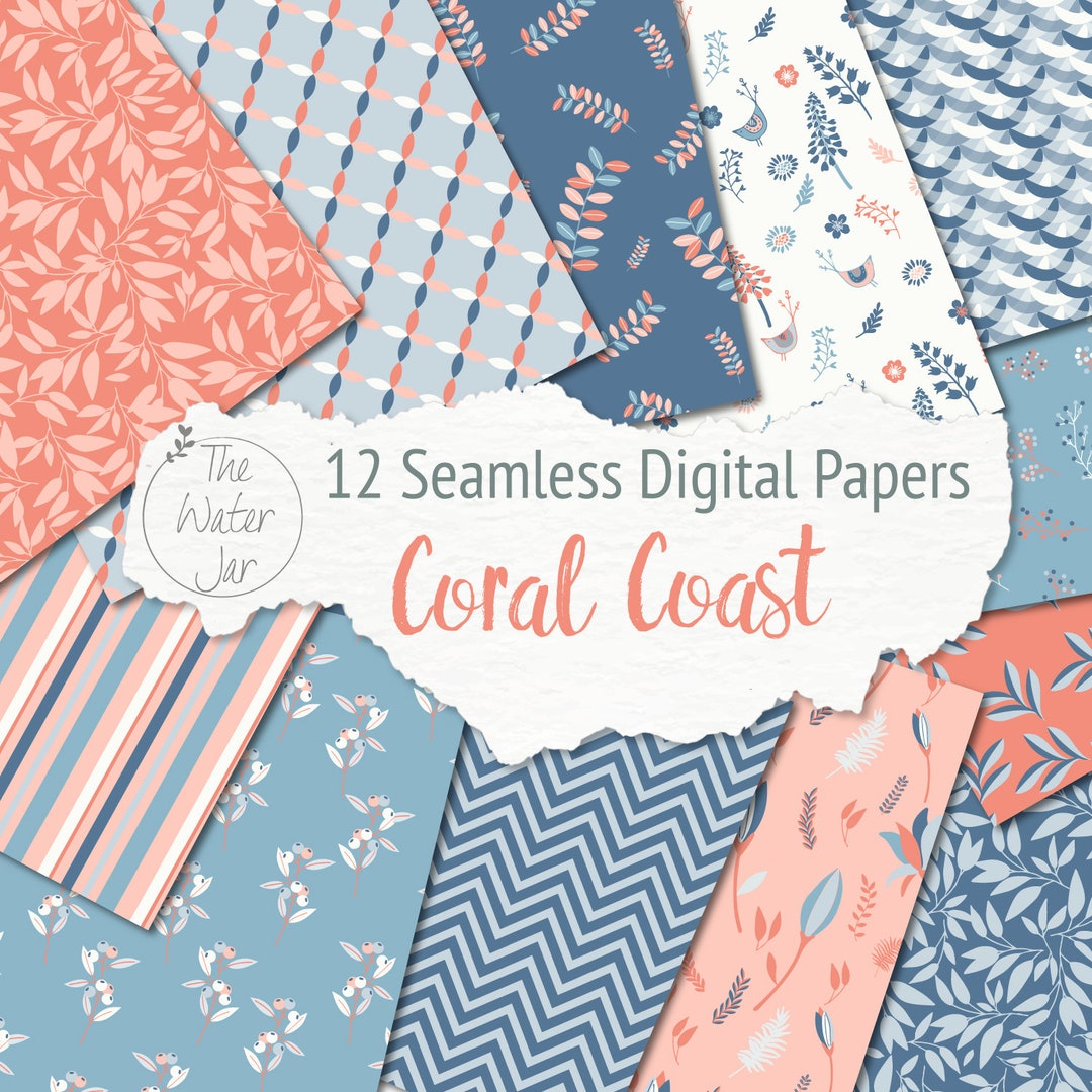 A Blue and Coral Digital Paper Pack, Pattern Designs in Contemporary ...