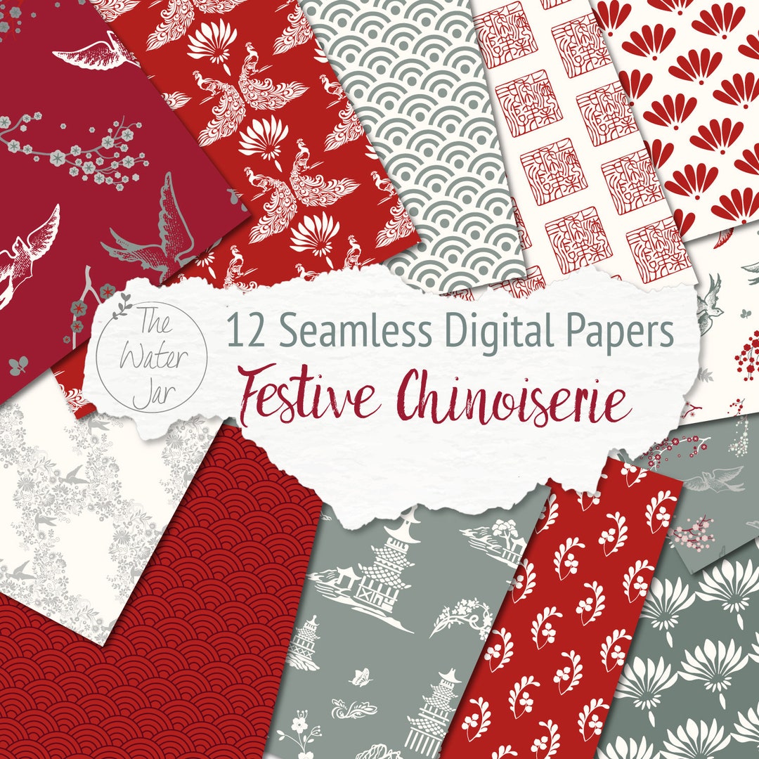 Festive Chinoiserie Digital Paper, Seamless Chinioserie Prints ...