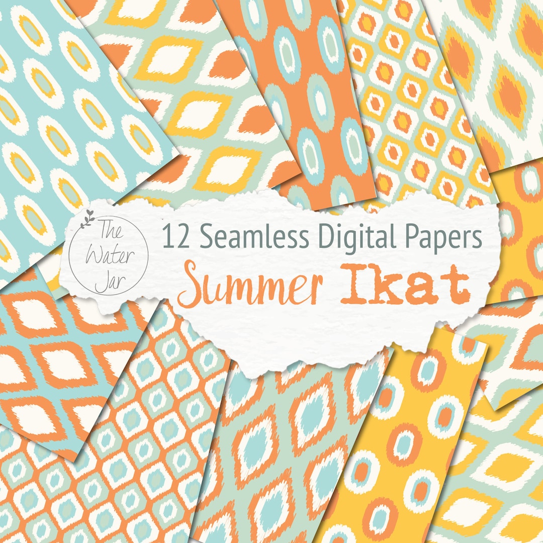 Summer Ikat Digital Paper Pack in Summer Beach Colours of Blue Orange ...