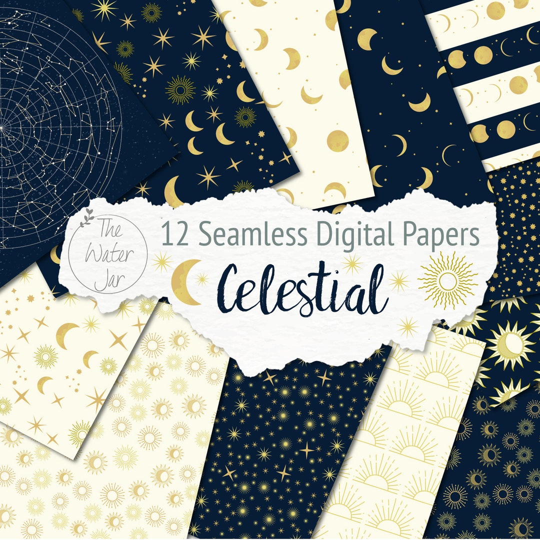 Printable Celestial Paper Pack, Sun Moon and Stars in Navy, Gold ...