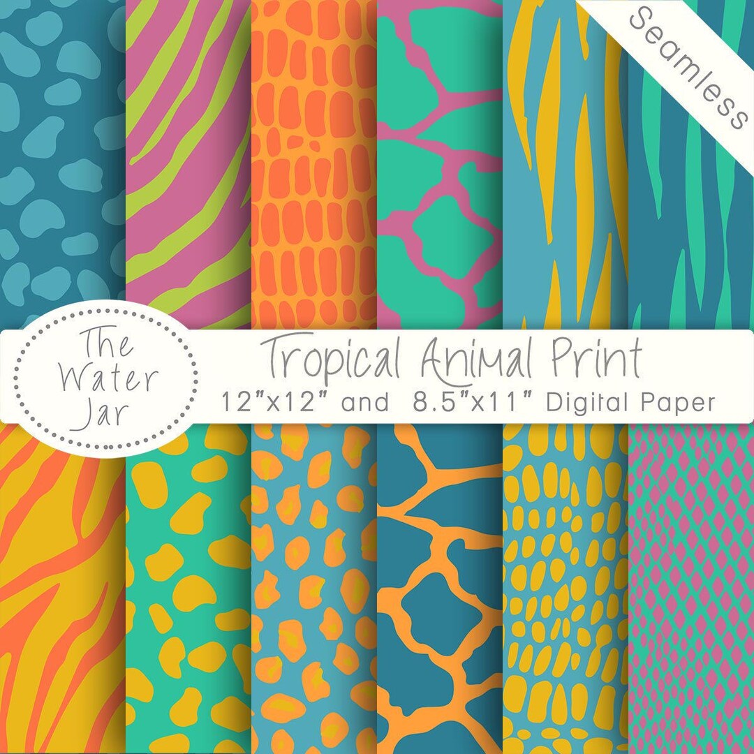 Vibrant Tropical Animal Print Digital Paper Pack, Animal Skin Patterns ...
