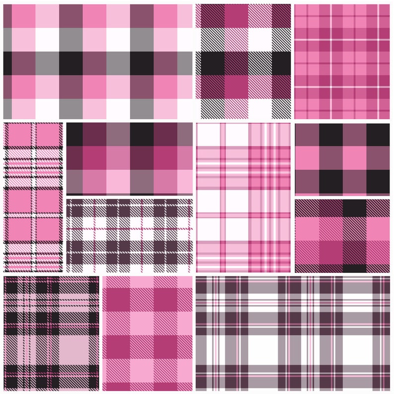 Plaid Digital Paper in Pink, Black and White, Digital Paper Pink Plaid ...