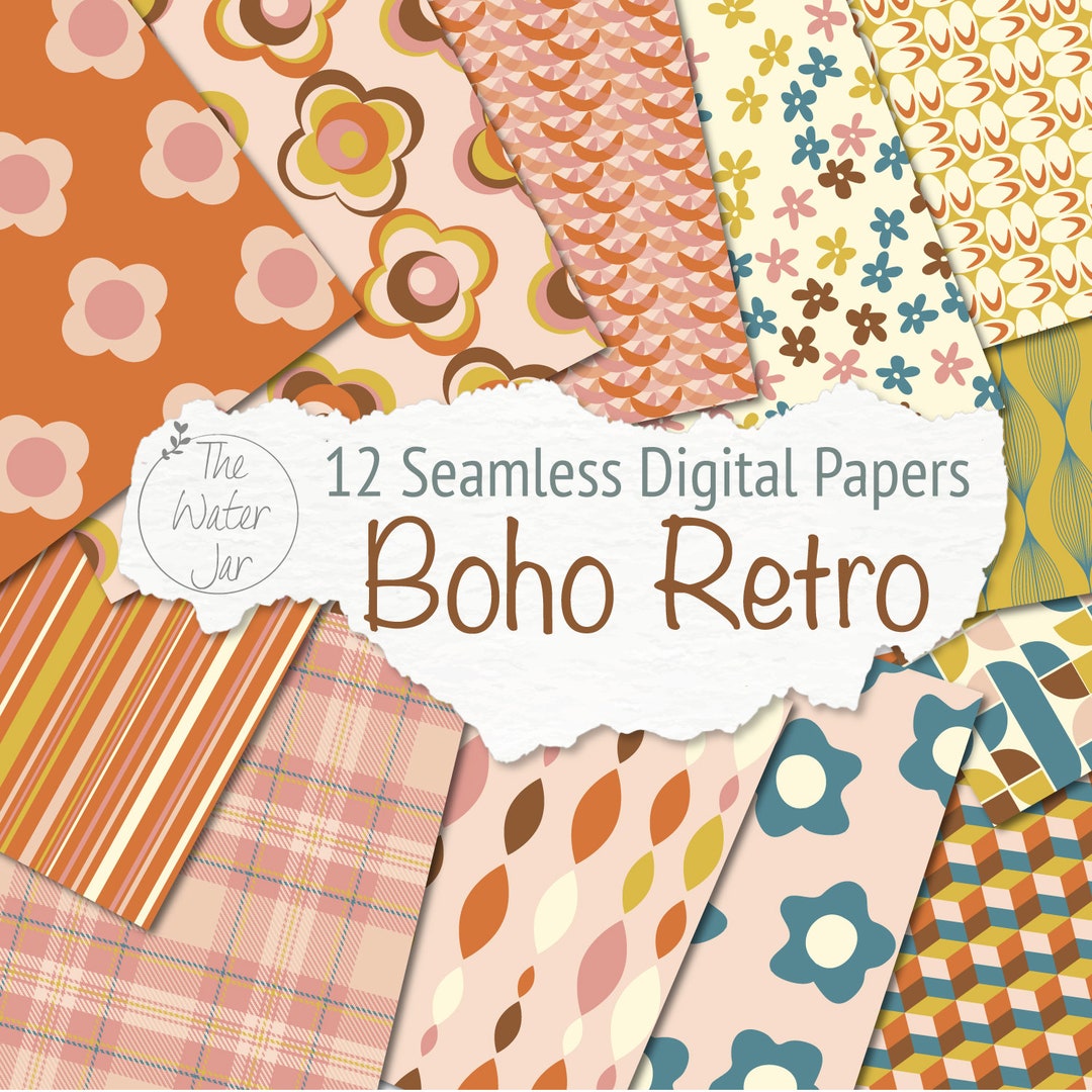 Retro Boho Flower Power Digital Paper Pack, Hippie Trippy Floral ...