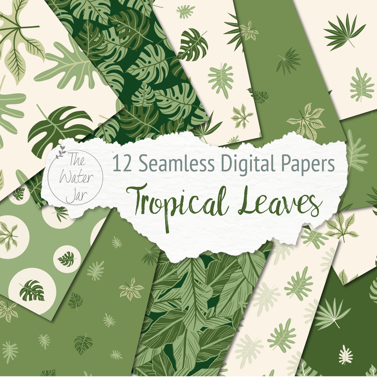 Tropical Leaves Digital Paper Pack, Green Jungle Foliage Printable ...