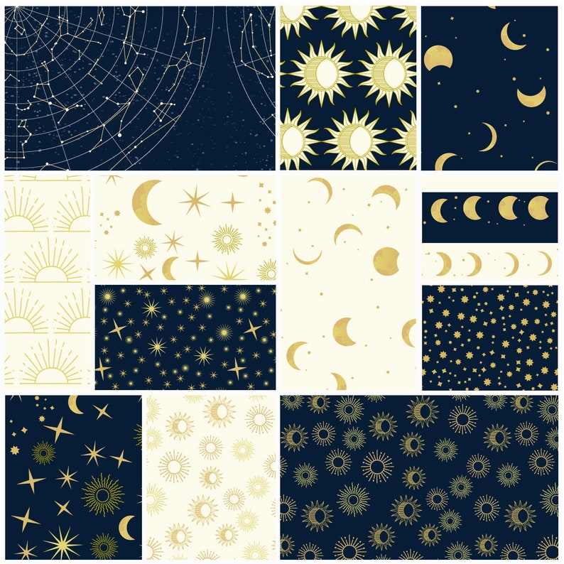 Printable Celestial Paper Pack, Sun Moon and Stars in Navy, Gold ...