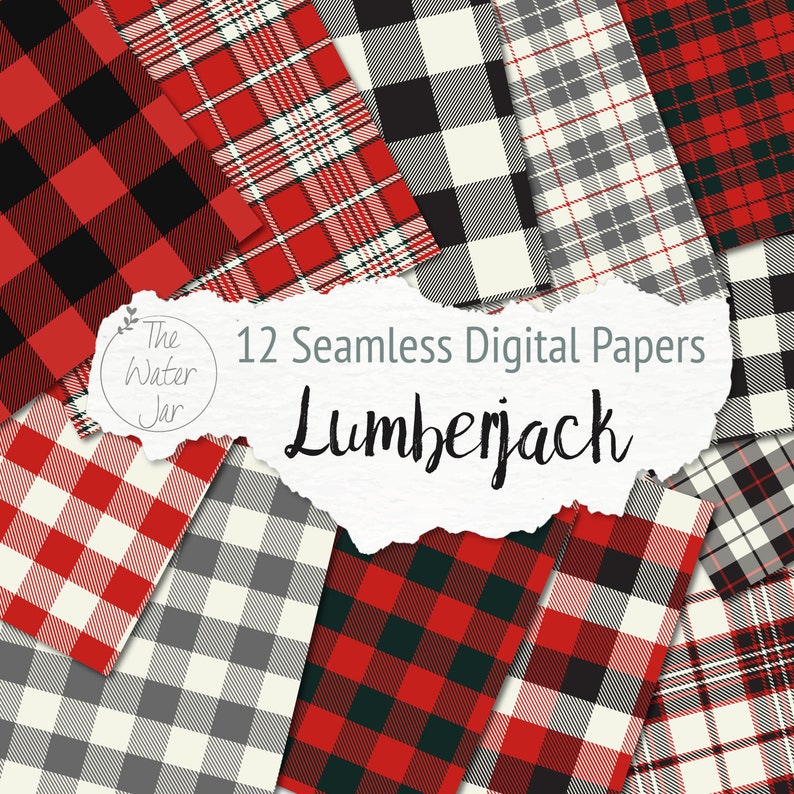 Lumberjack Digital Paper, Buffalo Plaid Check in Red, White, Black and ...