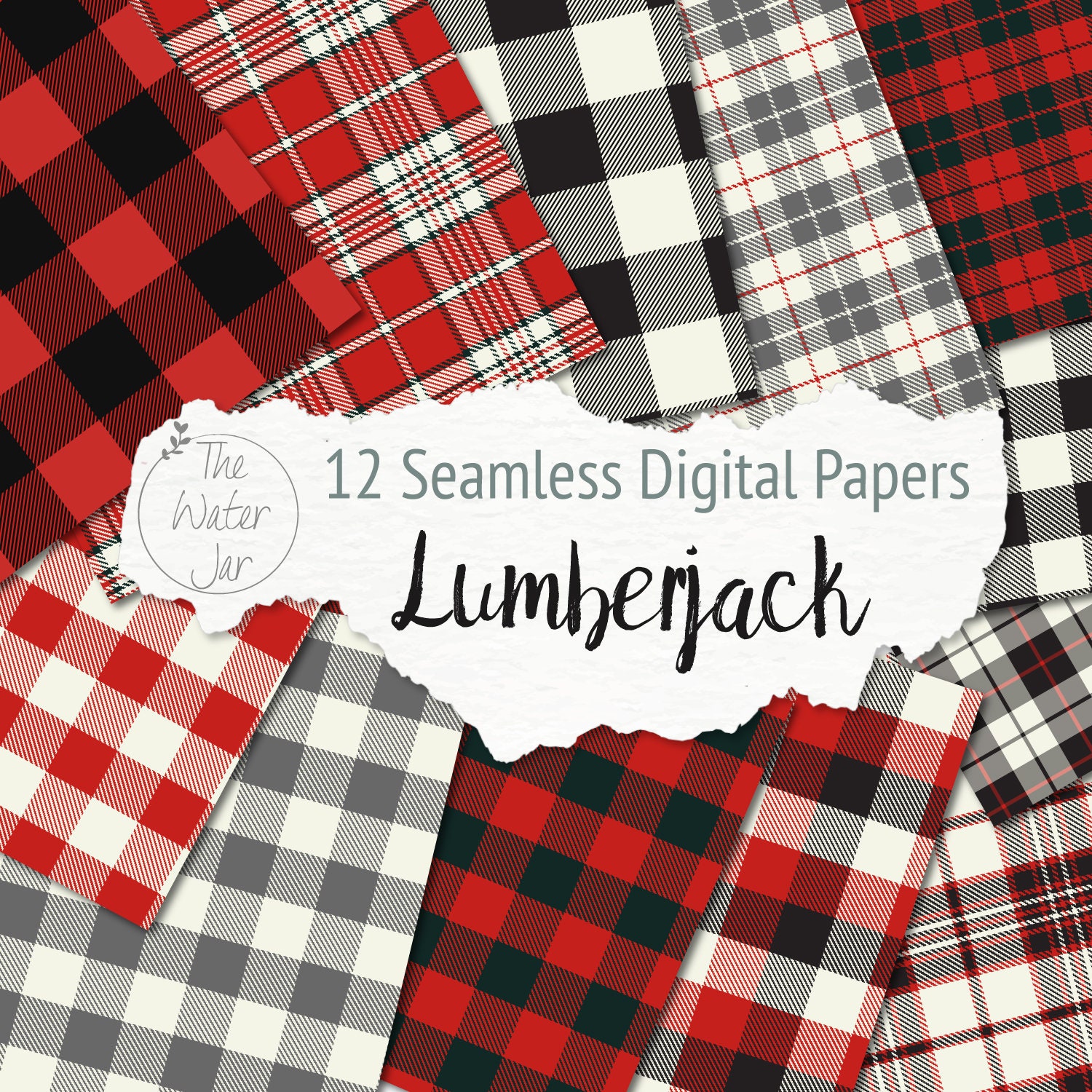 Lumberjack Digital Paper, Buffalo Plaid Check in Red, White, Black and ...