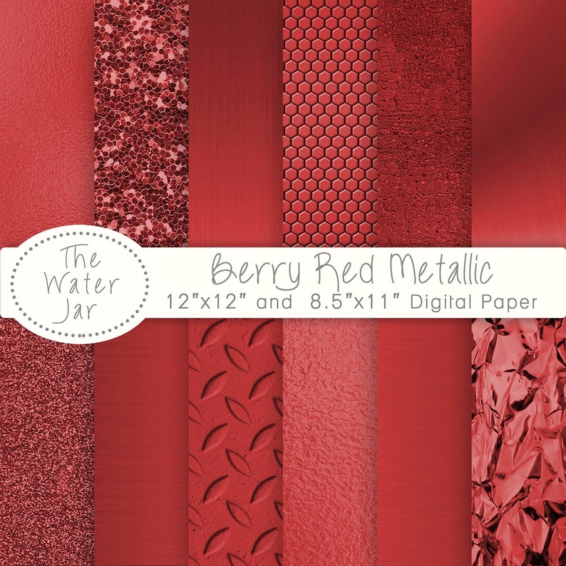 Red Metallic Digital Paper, Printable Red Digital Paper Pack of Metal ...