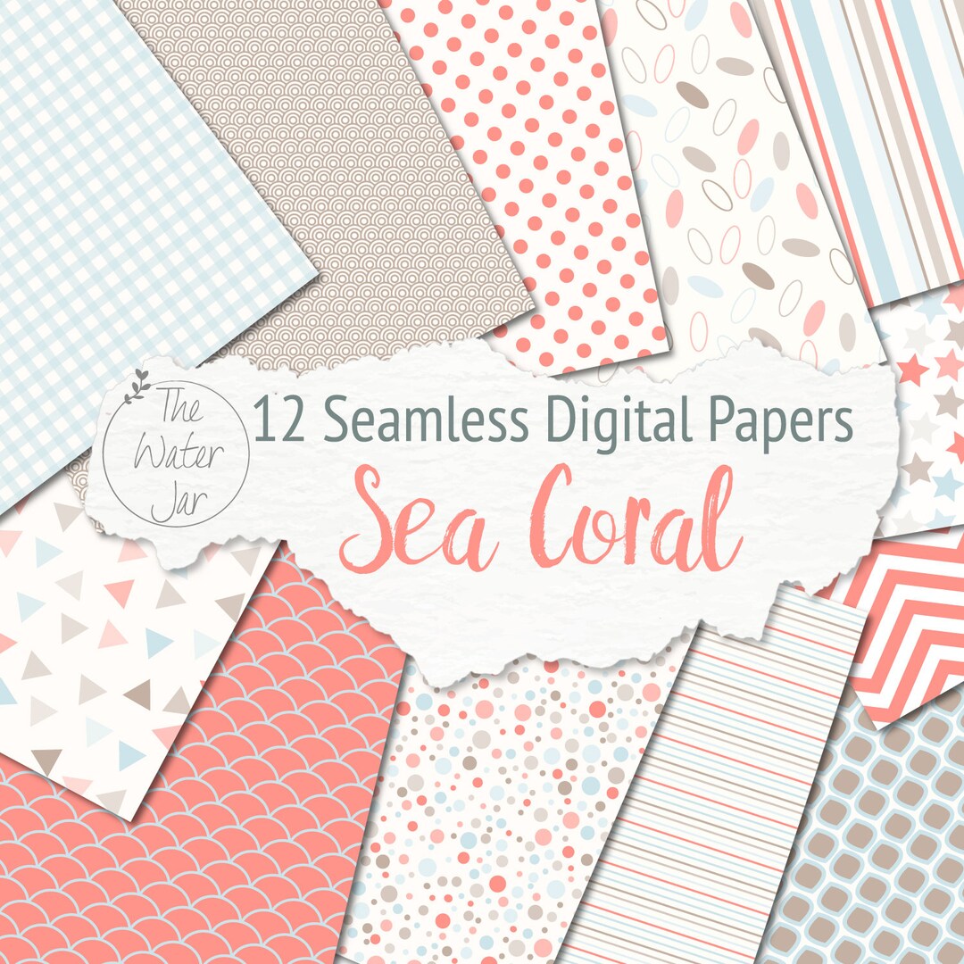 Printable Paper, Digital Paper Pack in Coral and Blue, Seamless Designs ...