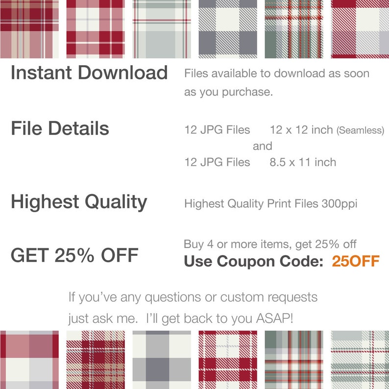 Holiday Plaid Digital Paper in Red, Green, White and Grey, Printable ...