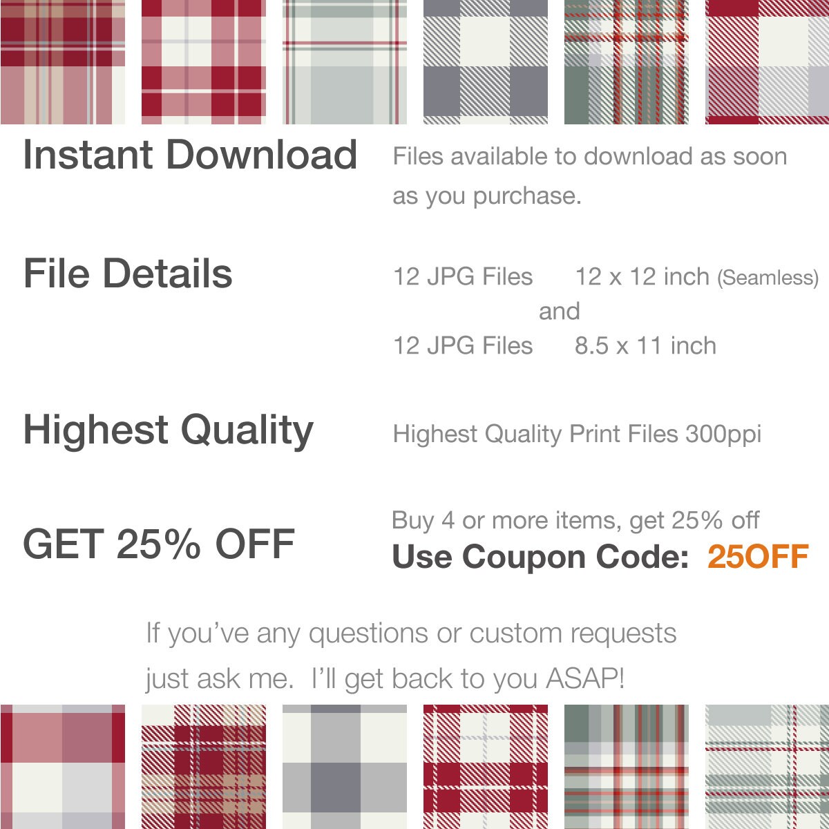 Holiday Plaid Digital Paper in Red, Green, White and Grey, Printable ...