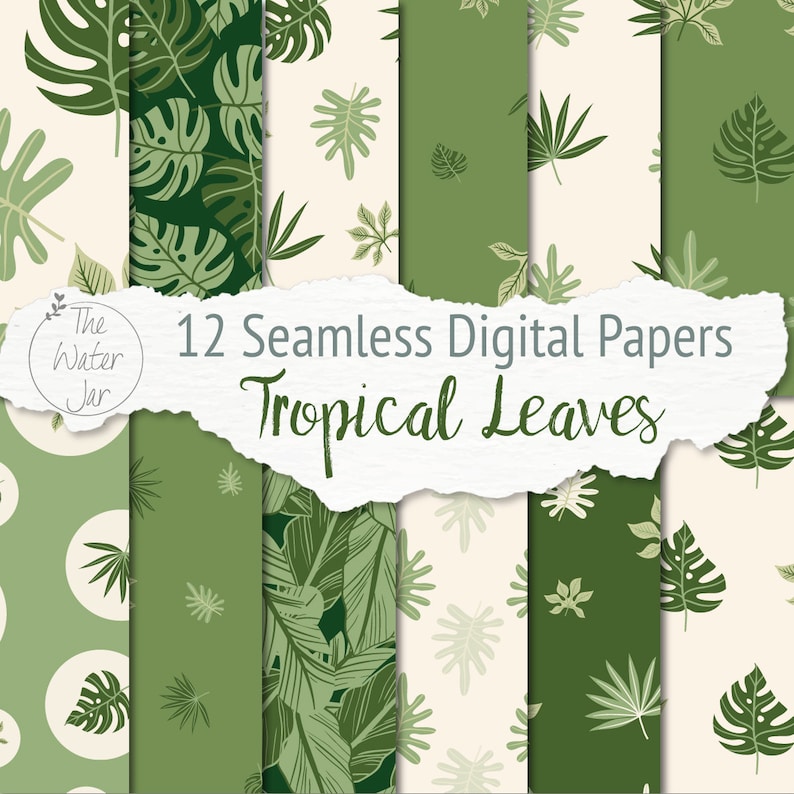 Tropical Leaves Digital Paper Pack, Green Jungle Foliage Printable ...