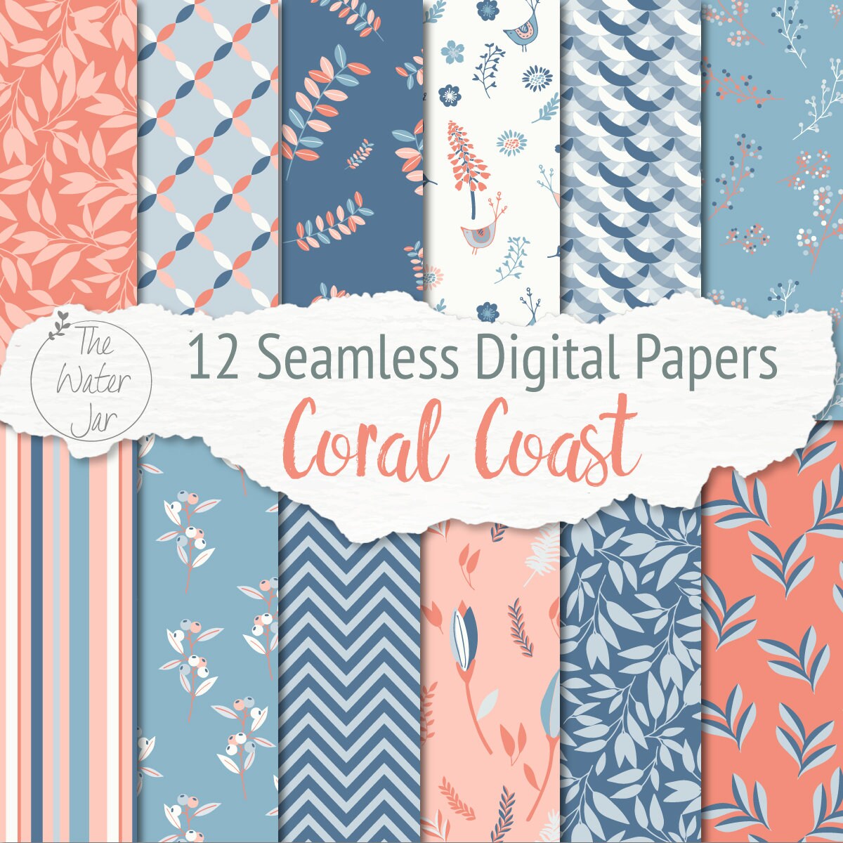 A Blue and Coral Digital Paper Pack, Pattern Designs in Contemporary ...