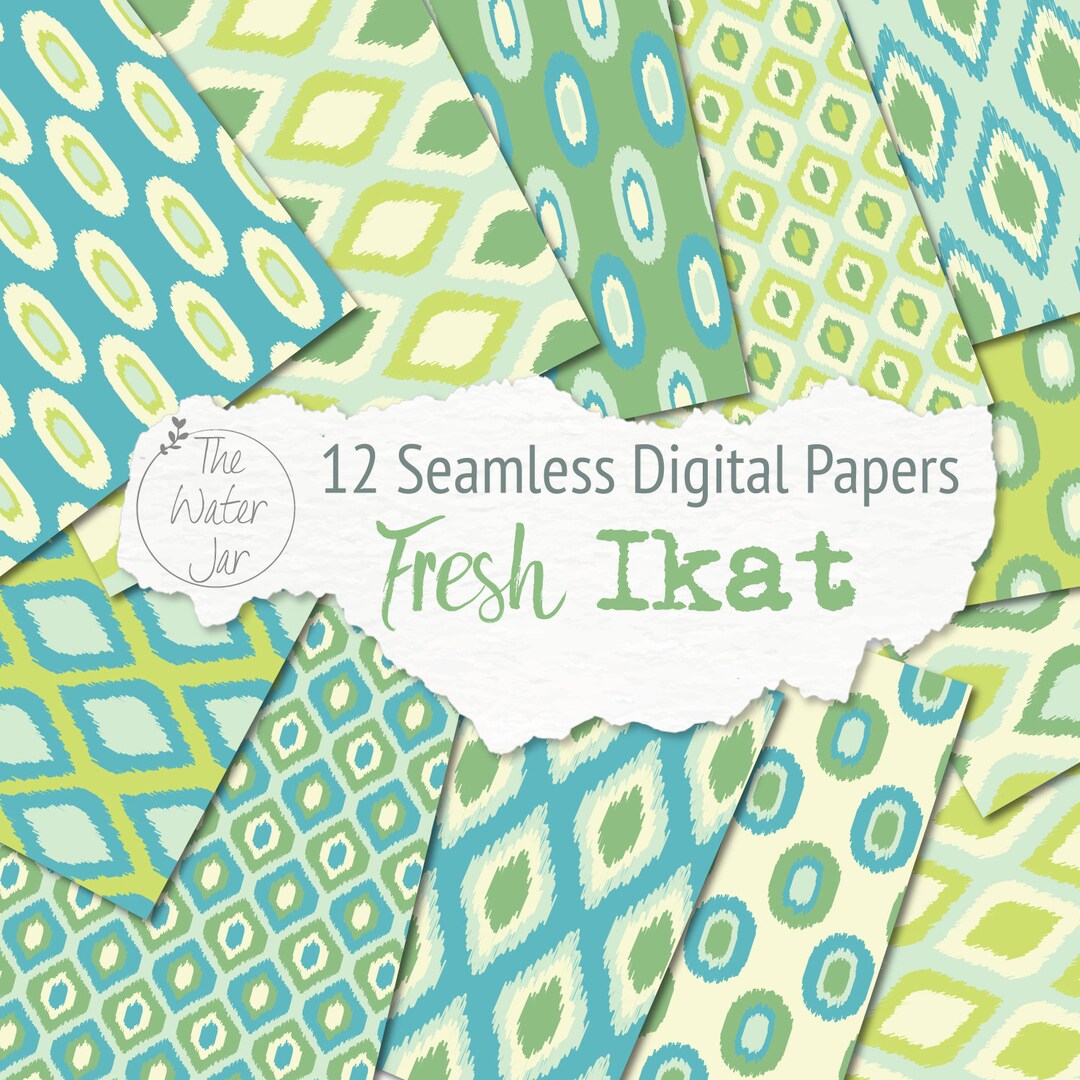 Fresh Ikat Digital Paper Designs, Seamless Blue Green Ikat Pattern Pack ...