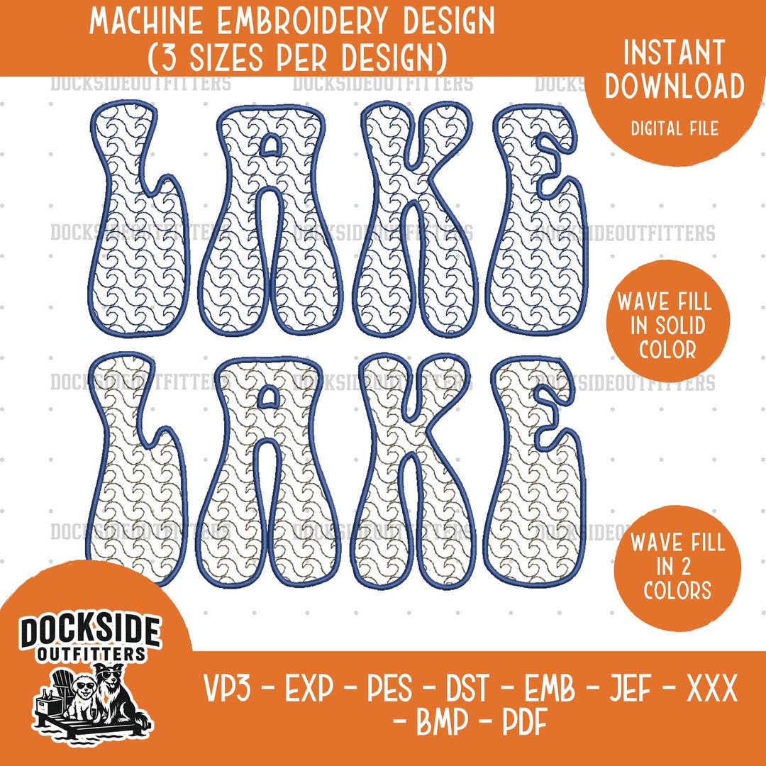 Lake Wave Fill Outline Embroidery, 3 Bundle Sizes, 2 Color Options ...