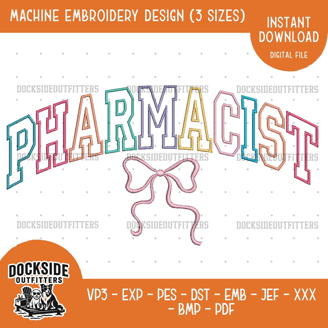 Pharmacist Bow Outline Embroidery Design Bundle Sizes 10.5 9 7 In ...