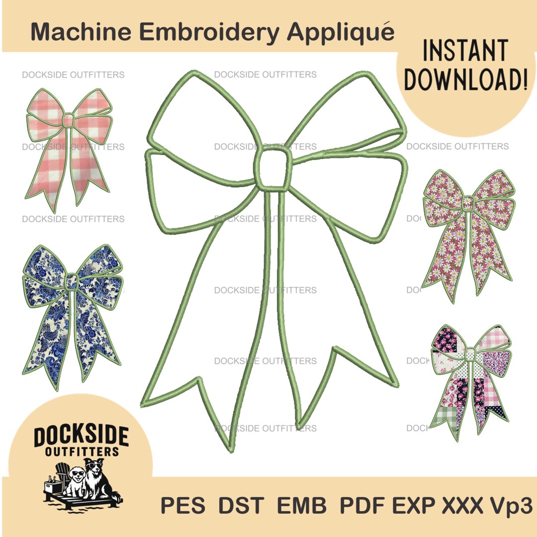 Bow Applique Embroidery Design, Satin Edge Finish Large Ribbon, 5 Sizes ...