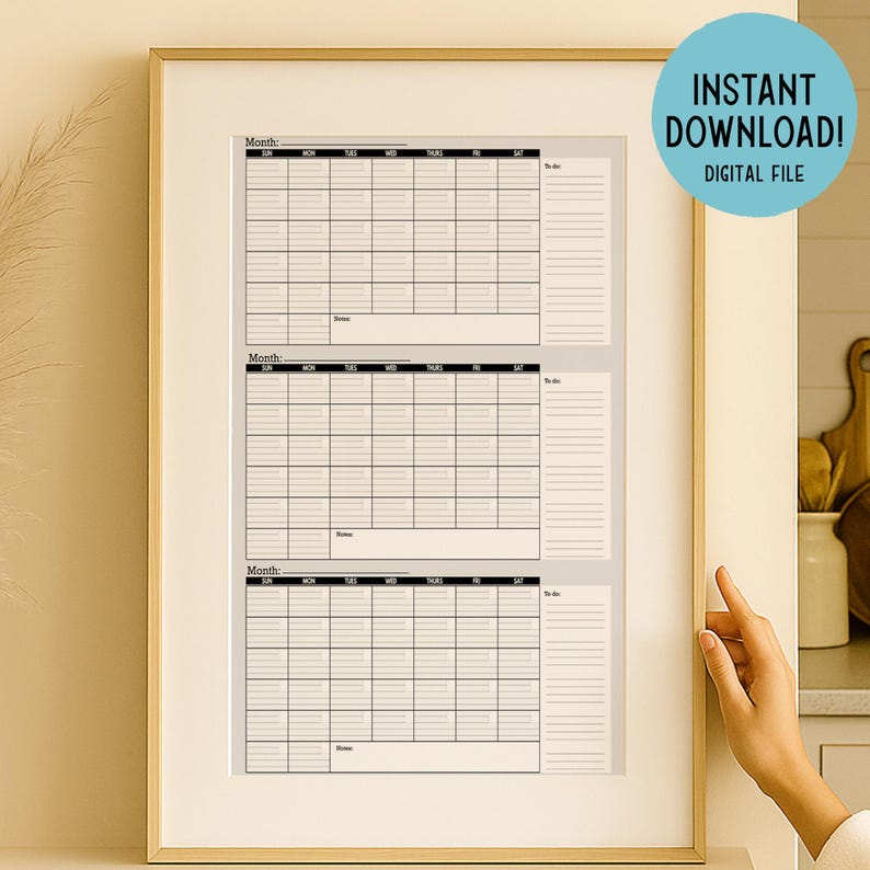 3 Month Blank Calendar, Large Wall Calendar Digital Download, Printable ...