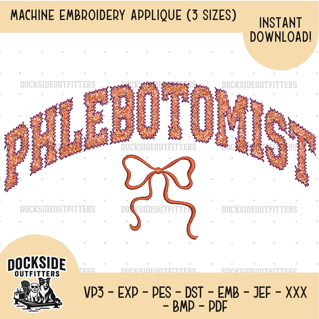 Phlebotomist Bow Applique Embroidery Design, Lab Tech Stitch File ...