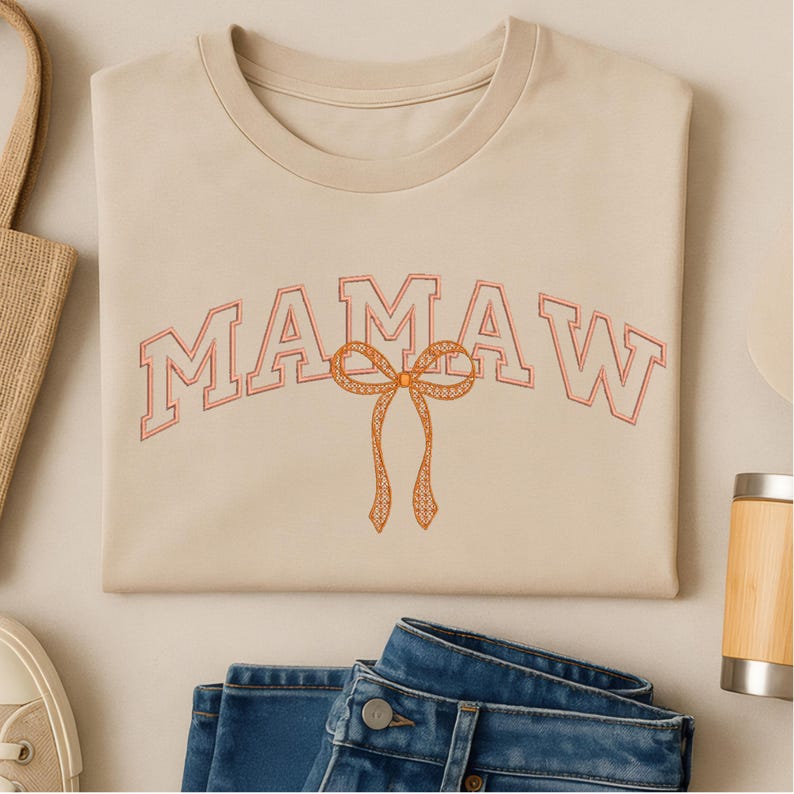 Mamaw Coquette Bow Embroidery Design, Arched Text Embroidery File ...