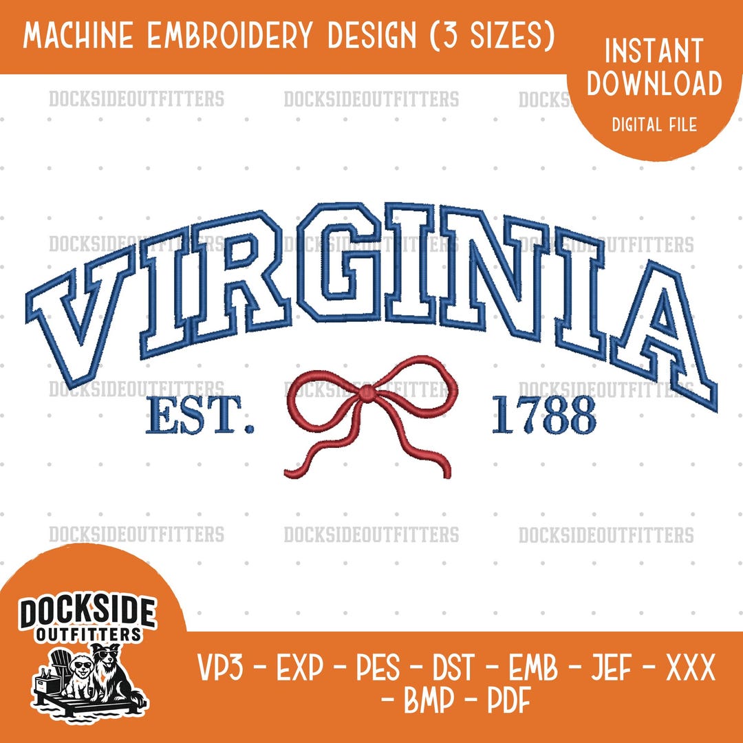 Virginia Embroidery Design Collegiate Outline Bow, VA Pride Machine ...