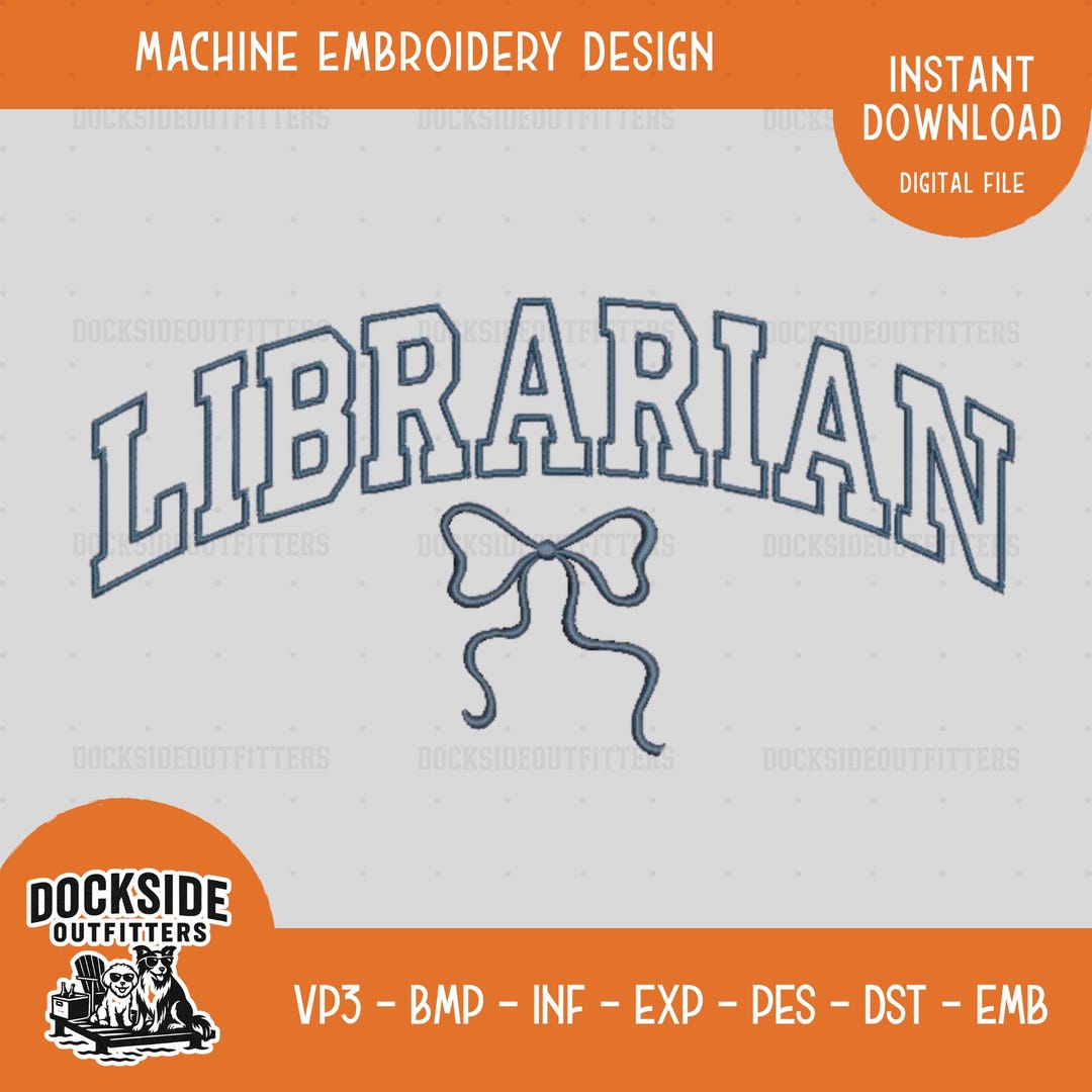 Librarian Embroidery Design, Outline Text With Bow, Single Color Stitch ...