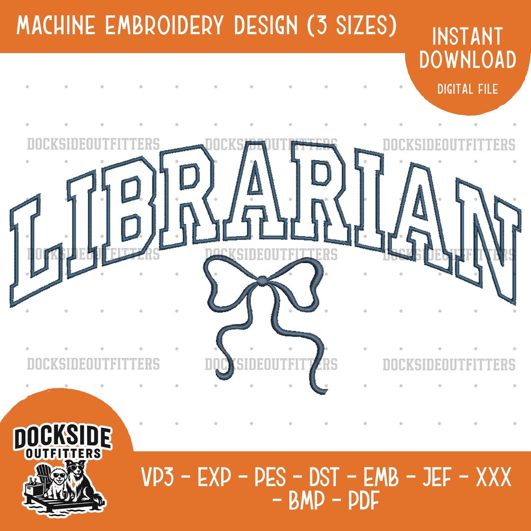 Librarian Outline Bow Embroidery File, Single Color Stitch, 10.5 9 7 ...