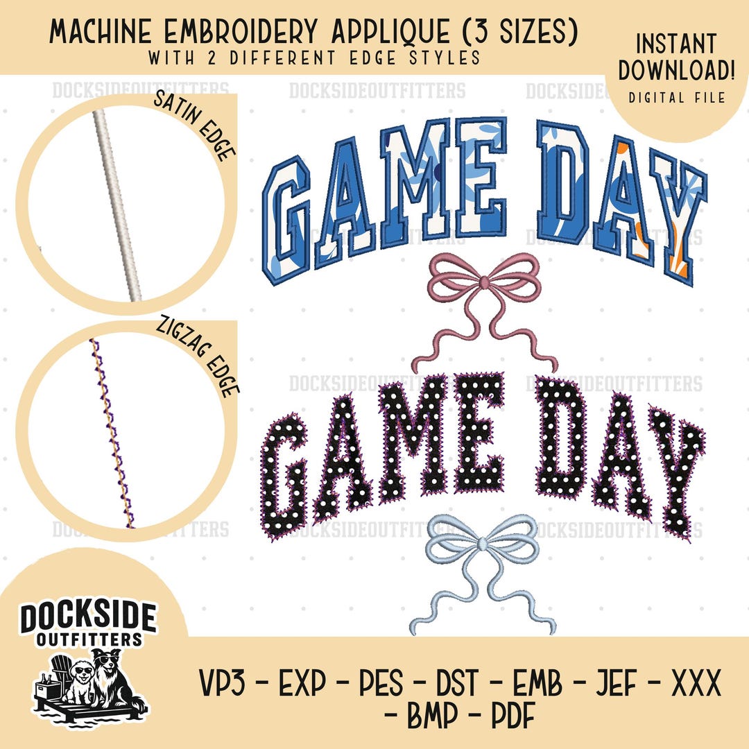 Game Day Applique With Bow, Satin and Zigzag Edge Styles, Bundle Sizes ...