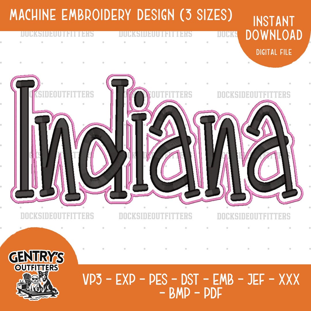 Indiana 3D Puff Embroidery Design, Satin Stitch Outline (instant ...