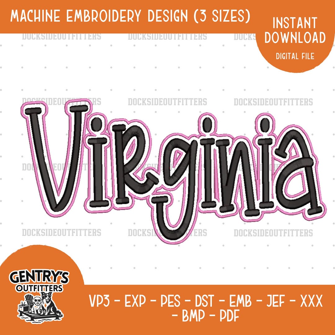 Virginia 3D Puff Embroidery Design, 3D Puff Lettering, Satin Stitch ...