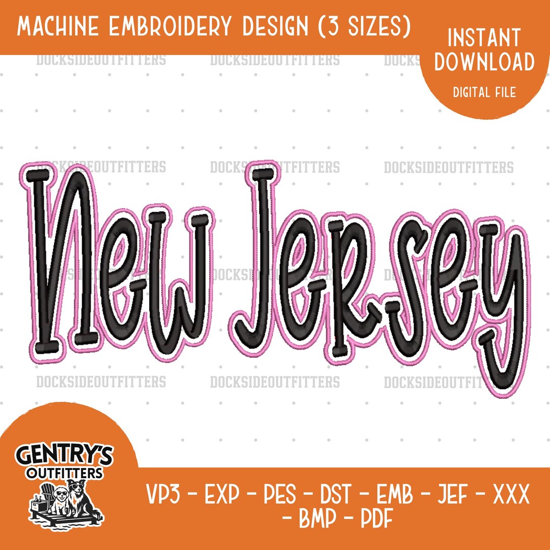 New Jersey 3D Puff Embroidery Design, 3D Puff Lettering, Satin Stitch ...